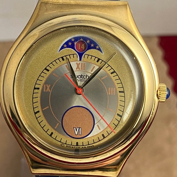 Swatch | Accessories | Stunning Gold And Blue Leather Swatch Moon Watch ...